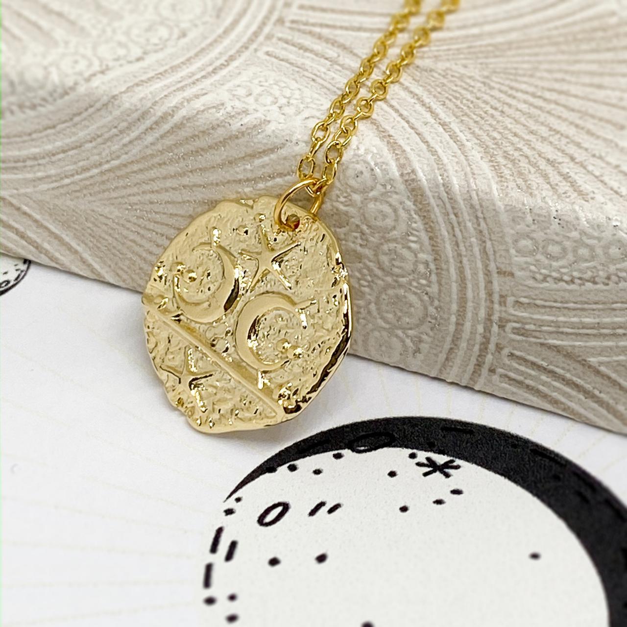 Gold Moon Coin Necklace, Double Moon Witch Necklace, Celestial ...